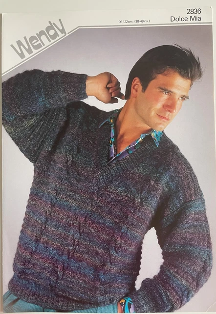 MENS CABLE PANEL sweater KNITTING PATTERN V neck jumper long sleeve ...