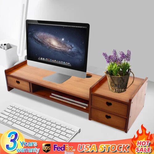 BAMBOO MONITOR STAND Riser with Storage Drawer Desk Laptop Organizer ...