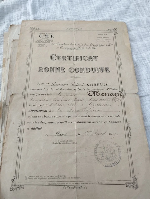 CERTIFICAT DE BONNE Conduite d'un soldat du 19 Escadron des Trains ...