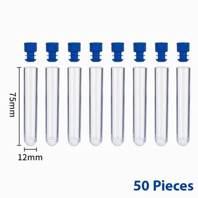 50 PACK 12*75MM Plastic Tubes Sample Container Test Tubes with Caps Lab ...