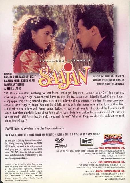 SAAJAN (1991) / Sanjay Dutt, Madhuri Dixit et Salman Khan (DVD EROS/DEI) EUR 21,97 - PicClick FR