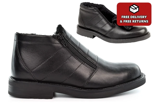 MENS LEATHER BOOTS Boys School Boots Thermal Warm Zip Mens Boots Wide ...