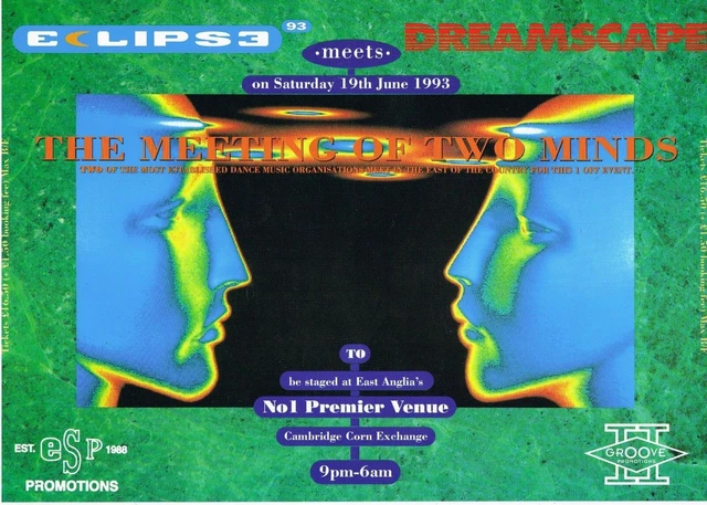 ESP DREAMSCAPE MEETS ECLIPSE Rave Flyer 19/6/93 A4 Cambridge Corn ...