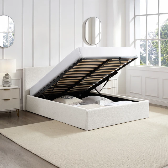 TEDDY BOUCLE GAS Lift Ottoman Storage Bedframe in White with 4 Size ...