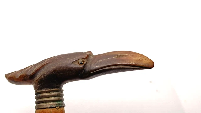 CANNE POMMEAU TÊTE oiseau corne sculpté vintage / Walking stick bird ...