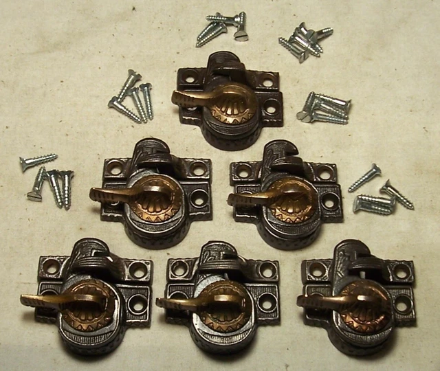ANTIQUE WINDOW LOCK Six Cast Iron Brass Sash Vtg 1883 Eastlake Hardware ...