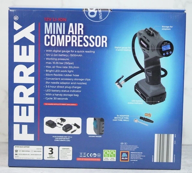 MINI COMPRESSEUR D'AIR sans fil Ferrex Aldi automatique 12 V gonfleur ...