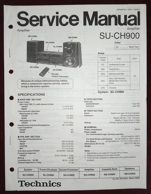 TECHNICS SU-CH900 AMP Amplifier Service Repair Manual AD9111260A8 ...