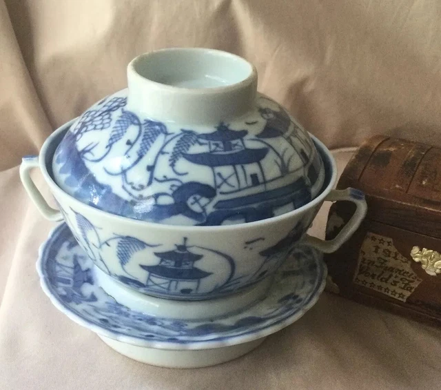 ANTIQUE 1800S CHINESE Export Porcelain Tea Cup & Lid Canton Blue ...