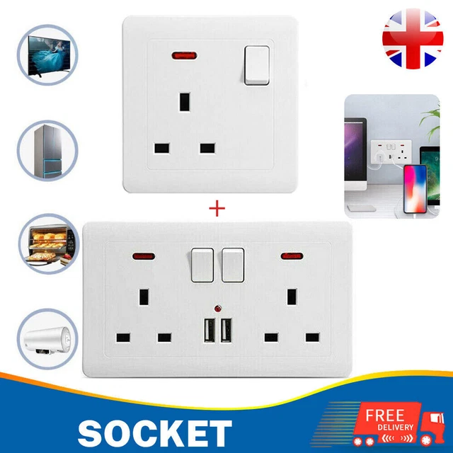DOUBLE WALL PLUG Socket 2 Gang 13A w/ 2 Charger USB Ports Outlets Flat ...