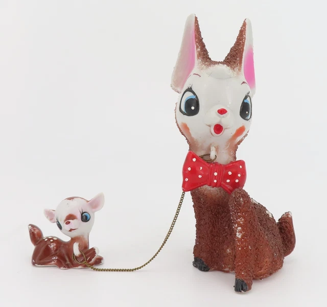 VINTAGE ARNART ANTHROPOMORPHIC Deer Figurine and Baby on Chain Red Bow ...