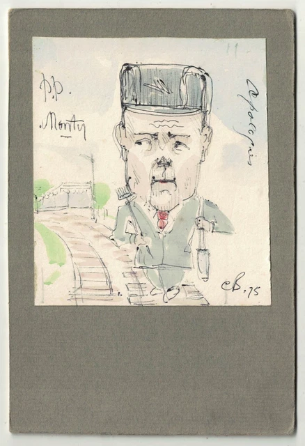 WATERCOLOUR CARICATURE PAINTING of a Station Master 1975 Railwayana 3 ...