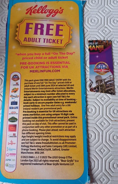 KELLOGGS & FREE ADULT " Ticket for Merlin Amusements £1.00 - PicClick UK