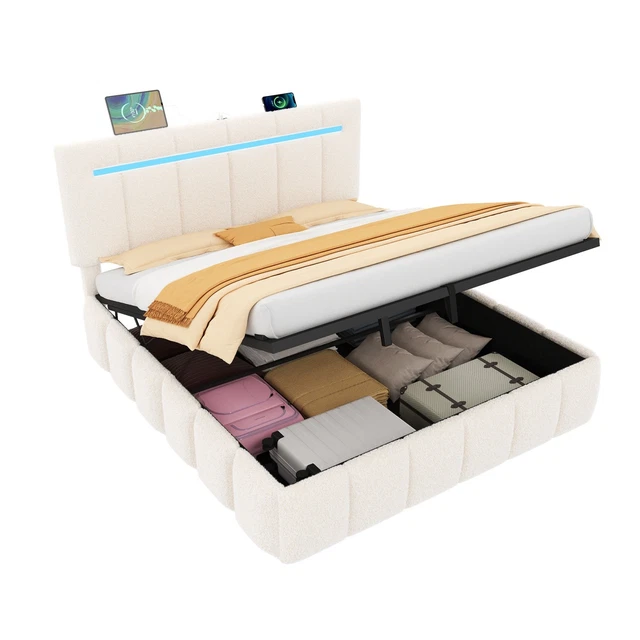 KING BED FRAME 150x200 cm with LED Lighting, 5ft Upholstered Ottoman ...