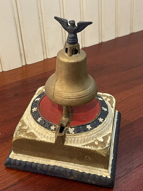 VINTAGE LIBERTY BELL Cast Iron & Brass Mechanical Bank Bicentennial ...