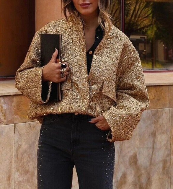 ZARA AW23 ZW Collection Gold Sequin Jacket 7925/993 Size L Bomber ...