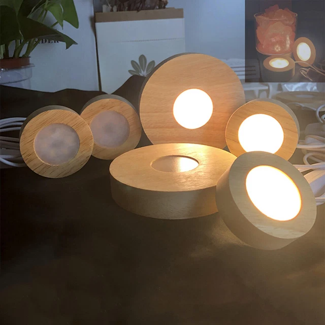 LED LIGHTS DISPLAY Base Stand Round Wood Lamp Holder USB Resin Epoxy ...