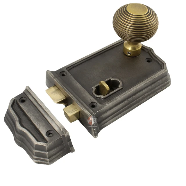 GOTHIC VICTORIAN STYLE Cast Iron Rim Lock Heavy Solid Brass Beehive ...