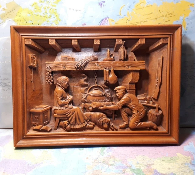 ART DECO :ANCIEN tableau en relief en bois sculpté à la main Signé A ...