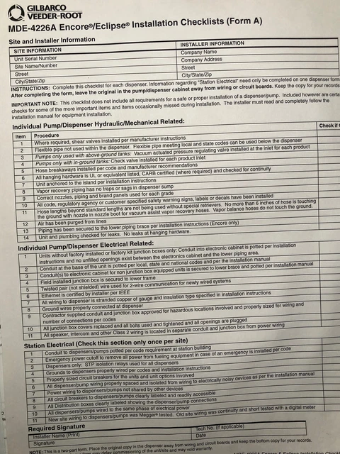 GILBARCO ECLIPSE INSTALLATION Manual Wiring Diagram Checklists ...