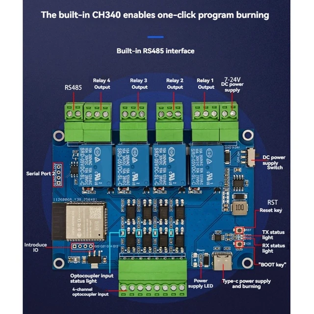 ESP32 RS485 MODBUS 4 Channel Relay Module 7-24V TYPE-C Built-in CH340 ...