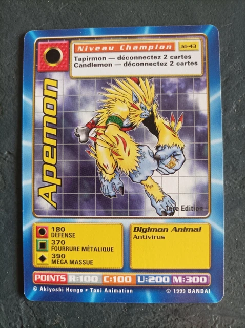 CARTE DIGIMON APEMON Jd-43 niveau champion 1er Edition Bandai 1999 EUR ...
