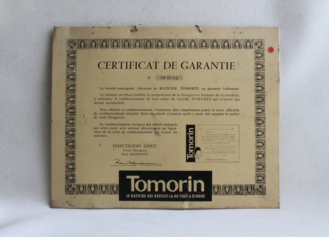 ANCIENNE PLAQUE PUBLICITAIRE TOMORIN le raticide certificat de garantie ...