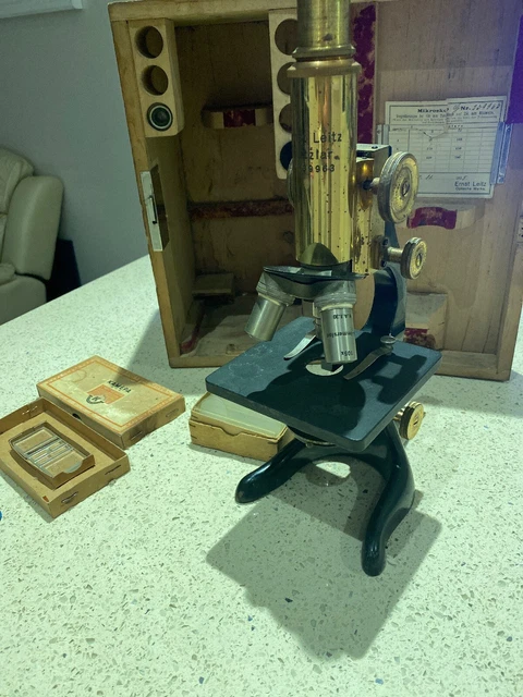 ANTIQUE ERNST LEITZ Wetzlar Microscope and storage box And Extras £365. ...