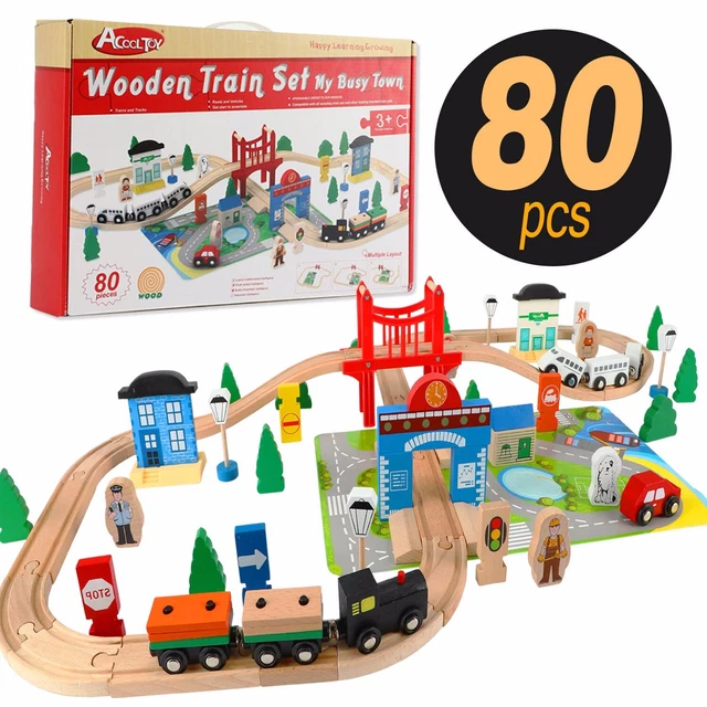 BRAND NEW--WOODEN TRAIN Set My busy Town 80Pcs Expandable Train Toy ...
