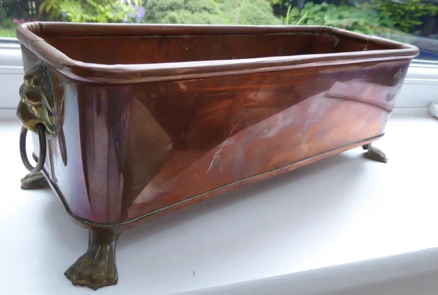 VINTAGE COPPER TROUGH planter, brass feet & lion head handles, herbs ...