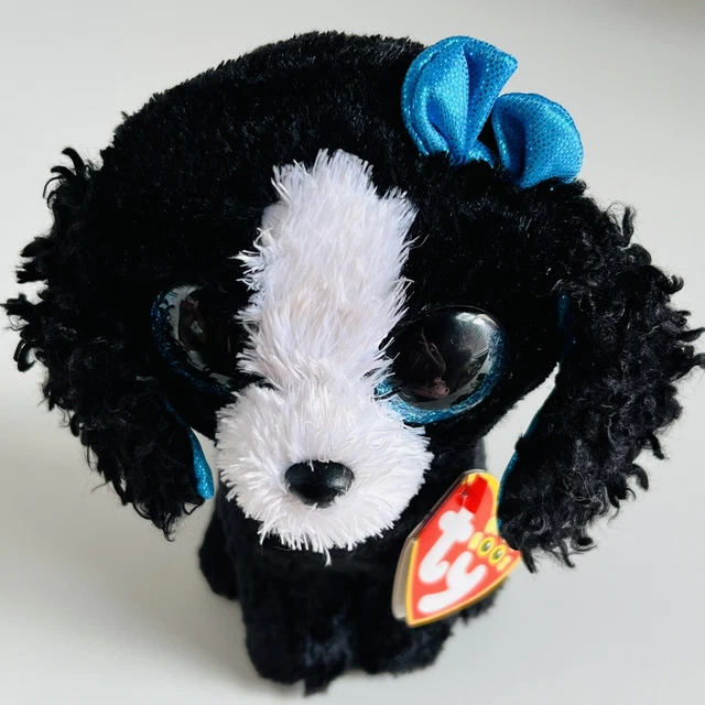 TY BEANIE BOOS Tracey Dog Puppy Plush 6” Soft Black White Blue Bow ...