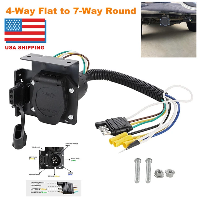 4-WAY FLAT TO 7-Way Round RV Blade Trailer Adapter Reverse Plug Cable w ...