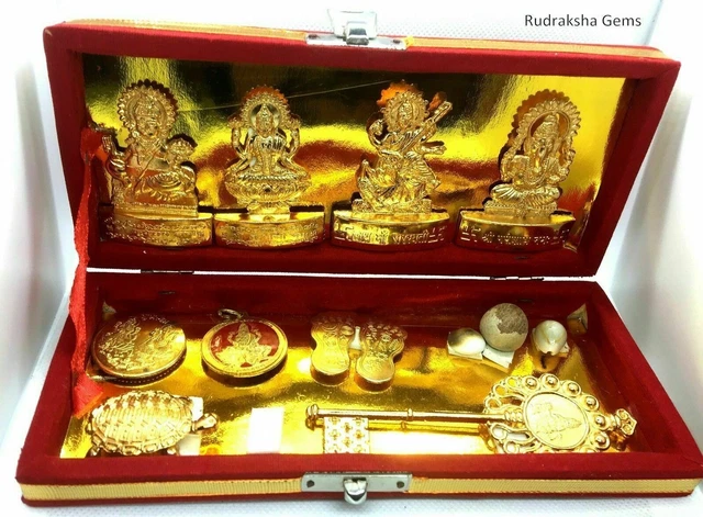 HINDU GOD STATUE Yantra Diwali Puja Box Kubera Ganesha Laxmi Saraswati ...