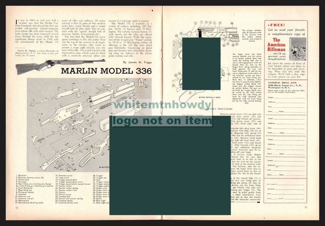 1957 MARLIN MODEL 336 Rifle Schematic Exploded View Parts List Assembly ...