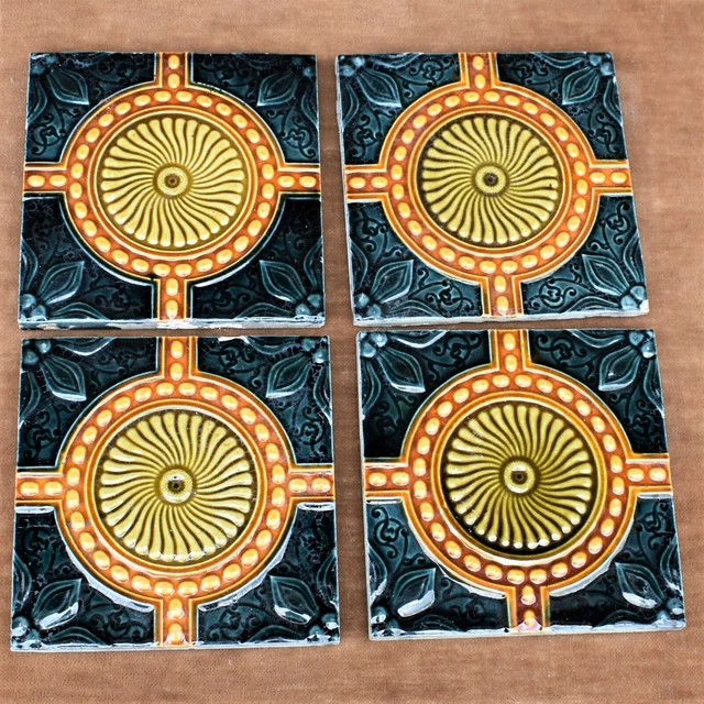 ANTIQUE 1900S MAJOLICA Art Nouveau Tiles England Relief Moulded Four ...