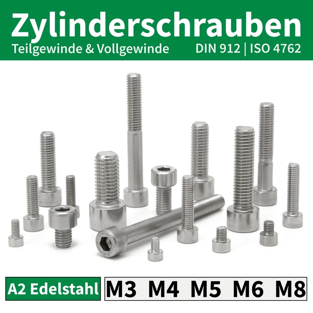 ZYLINDERSCHRAUBEN M8 M6 M5 M4 M3 Edelstahl DIN 912 Innensechskant Zylinderkopf EUR 4,95 ...