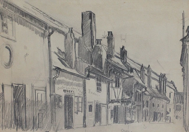 ANTIQUE PENCIL DRAWING old town houses street view landscape £100.63 ...