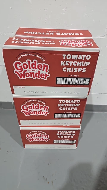 GOLDEN WONDER TOMATO KETCHUP CRISPS 3boxes x 32 x 32.5g FULL BOX BB:29 ...
