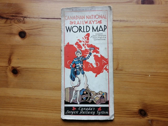 VINTAGE CANADIAN NATIONAL Railways 1931 leaflet world map. trains rail ...