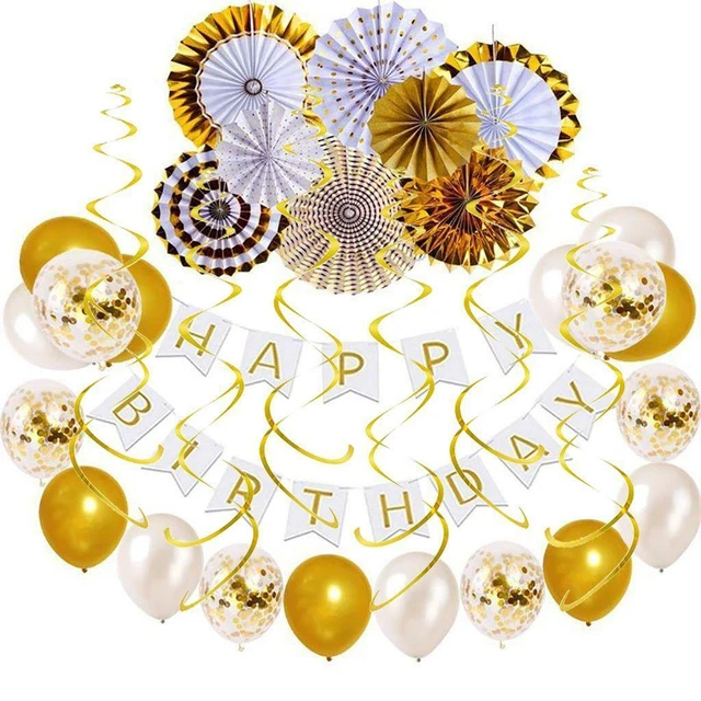 BIRTHDAY DECORATIONS SET Gold Happy Birthday Banner Confetti Balloons ...