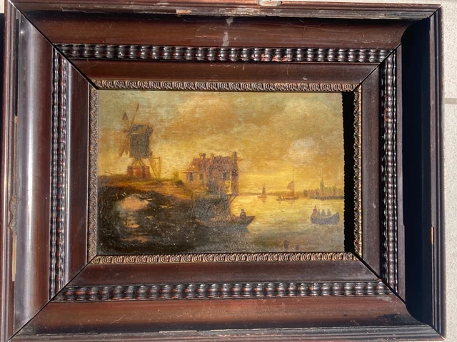 TABLEAU HOLLANDAIS ANCIEN marine-moulin -canot- port -voile- paysage- marin 19ie EUR 148,00 ...