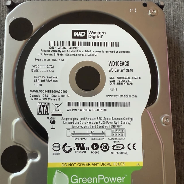 WESTERN DIGITAL WD10EACS 1.0TB 3.5" WD Caviar SE16 Hard Drive Wiped ...