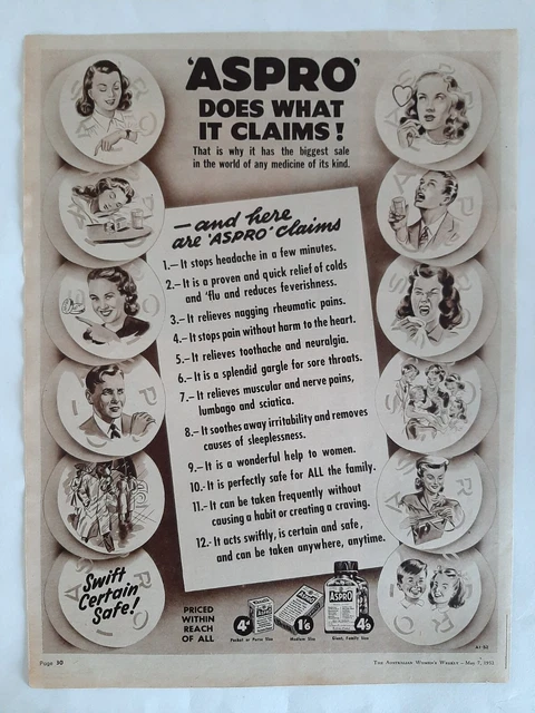 VINTAGE AUSTRALIAN ADVERTISING 1952 ad ASPRO PAIN RELIEF TABLET ...