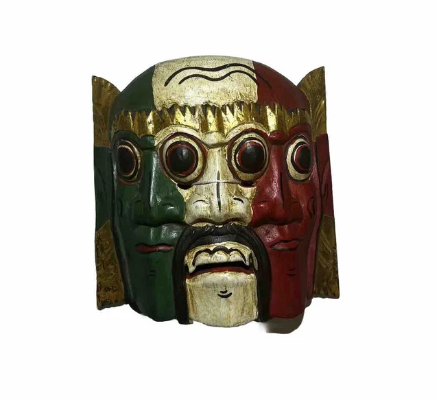 VINTAGE WOODEN THREE Face Bali Barong Devil Mask, Green, White & Red ...