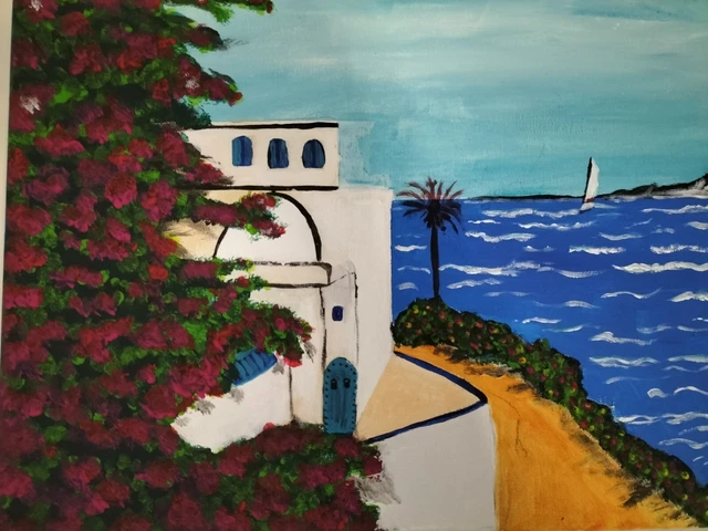 ART NAIF TABLEAU PAYSAGE SIGNE acrylique Sidi Bou Saïd EUR 35,00 ...