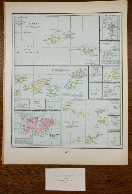 1900 ATLANTIC OCEAN ISLANDS Map 11"x14" Old Antique Original ST THOMAS ...