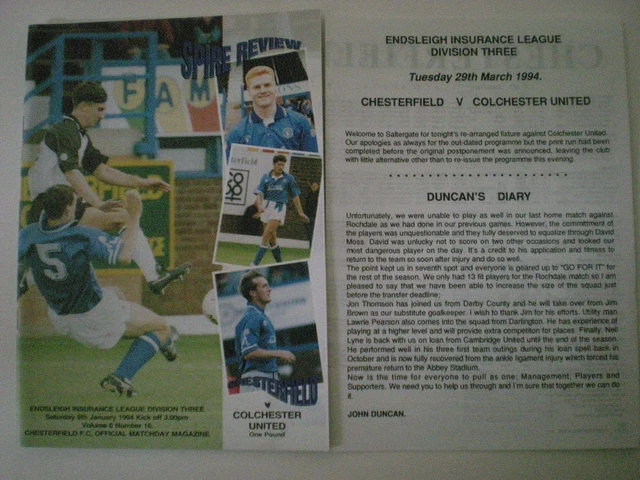 CHESTERFIELD V COLCHESTER UNITED, 8th JAN 1994 & 29th MAR 1994, NO ...