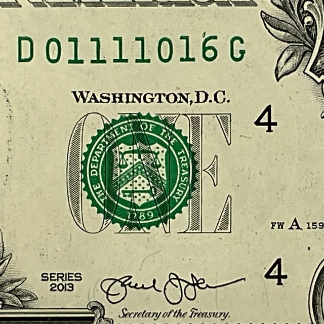 FIVE OF A Kind 1s Fancy Serial Number 2013 One Dollar Bill D01111016G ...