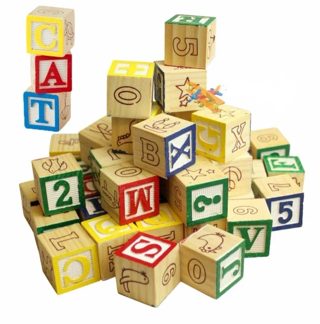 WOODEN ABC 123 Building Blocks Kids Alphabet Letters Numbers Bricks Toy ...