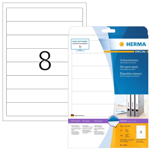 HERMA SELF ADHESIVE Lever Arch File Labels, 8 Labels Per A4 Sheet, 200 ...